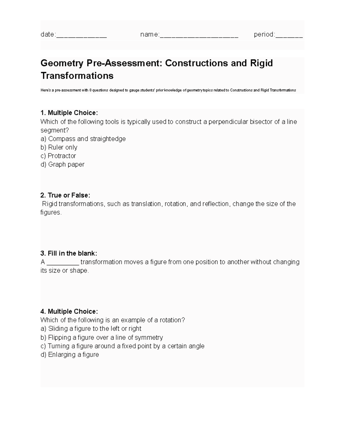 Geometry Pre-Assessment: Constructions & Rigid Transformations - Studocu