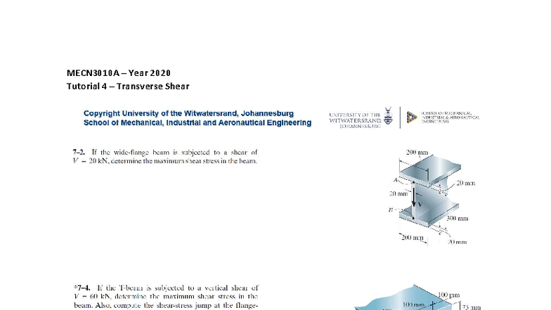 MECN3010A Tutorial 4: Analysis of Transverse Shear in Beams - Studocu