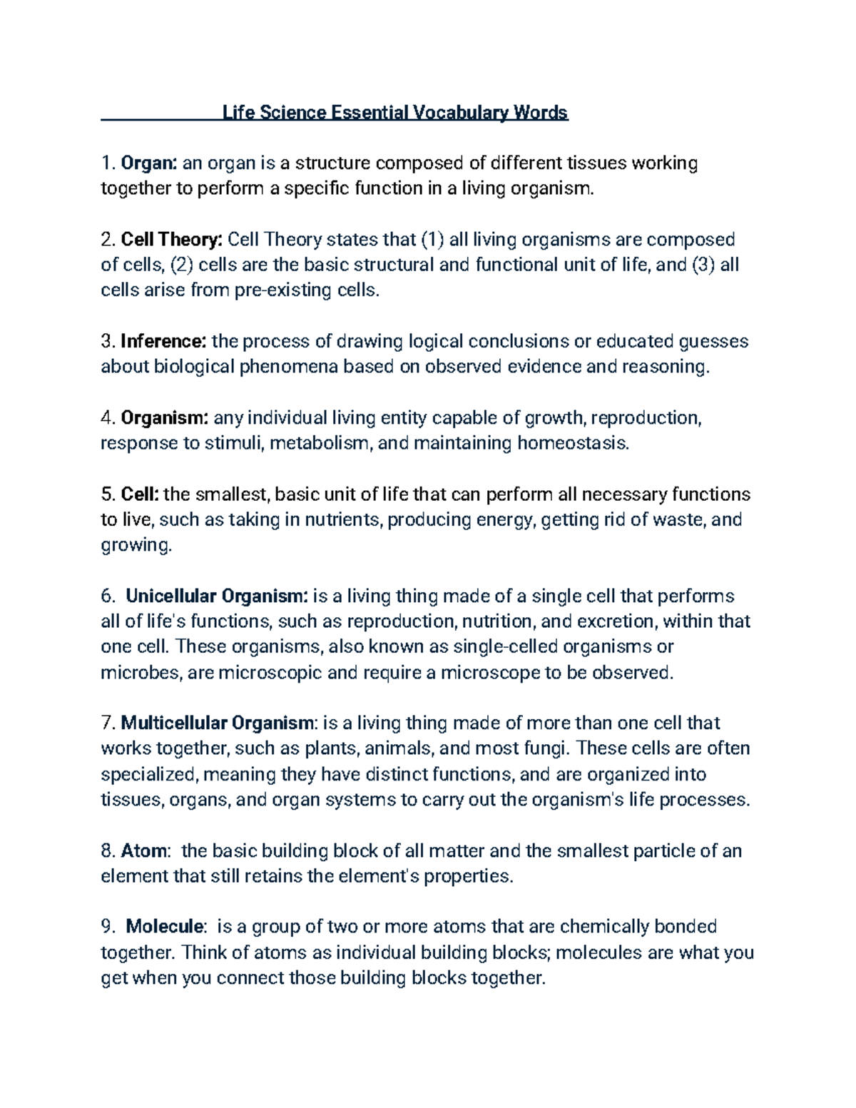 Life Science Vocabulary Terms & Concepts (LSC 101) - Studocu