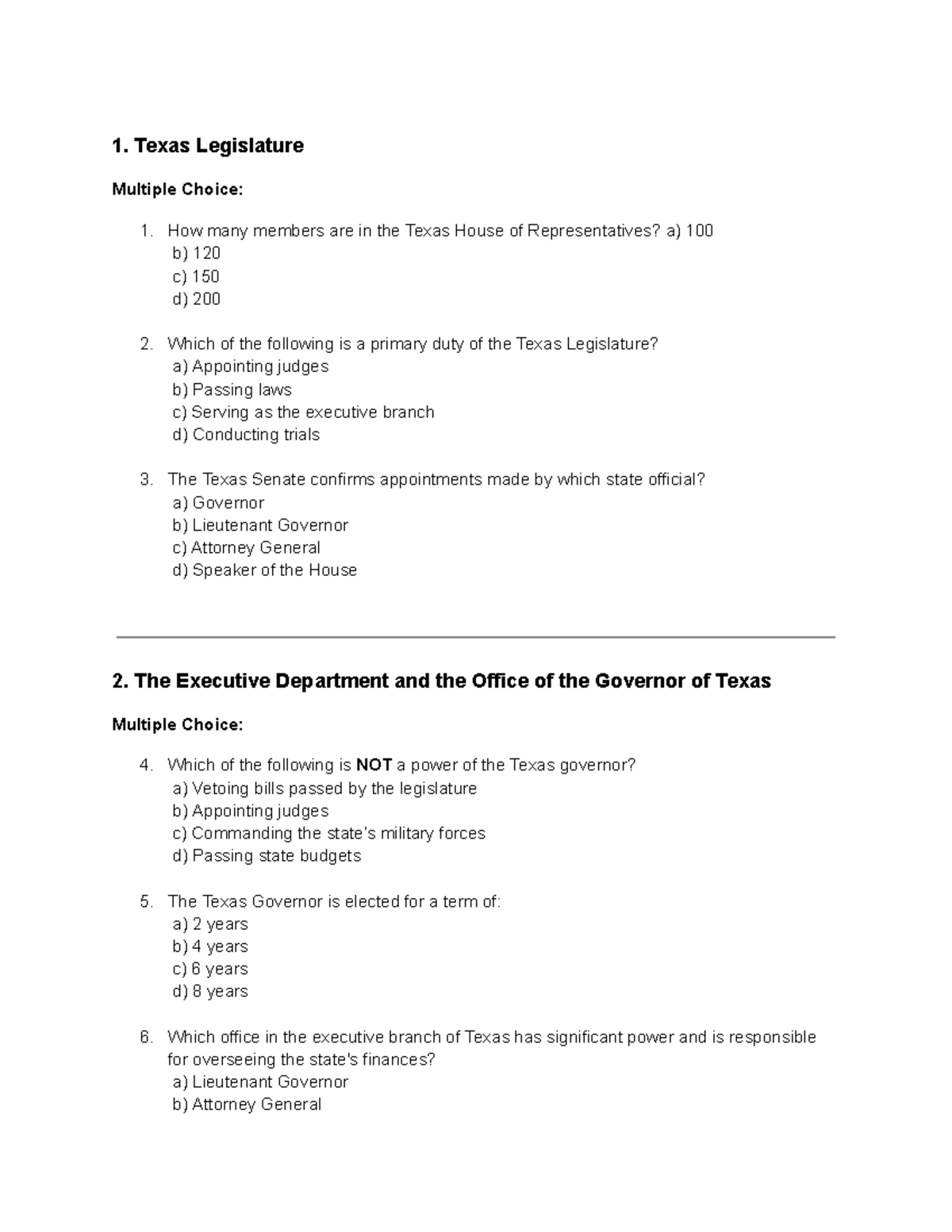 Texas Government Exam 4 Practice Questions: Legislature, Executive ...