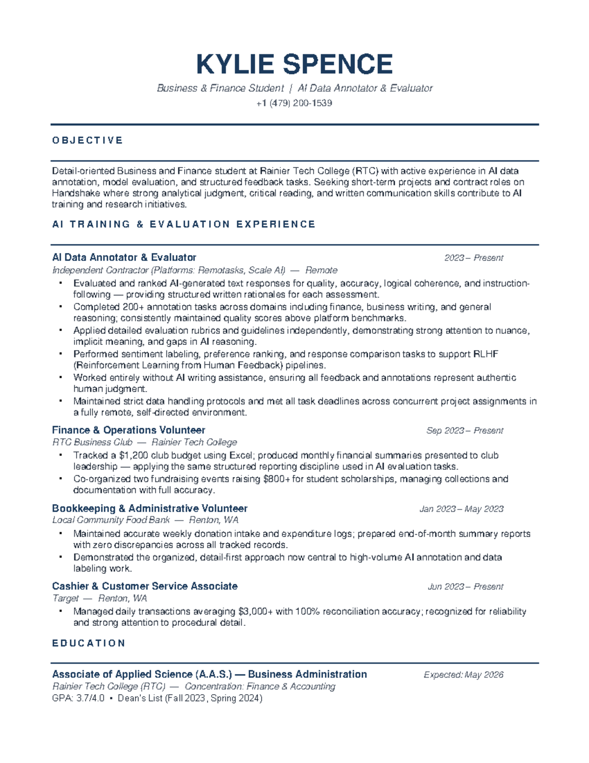 KYLIE SPENCE Business Finance Student AI Data Annotator Evaluator (479 ...