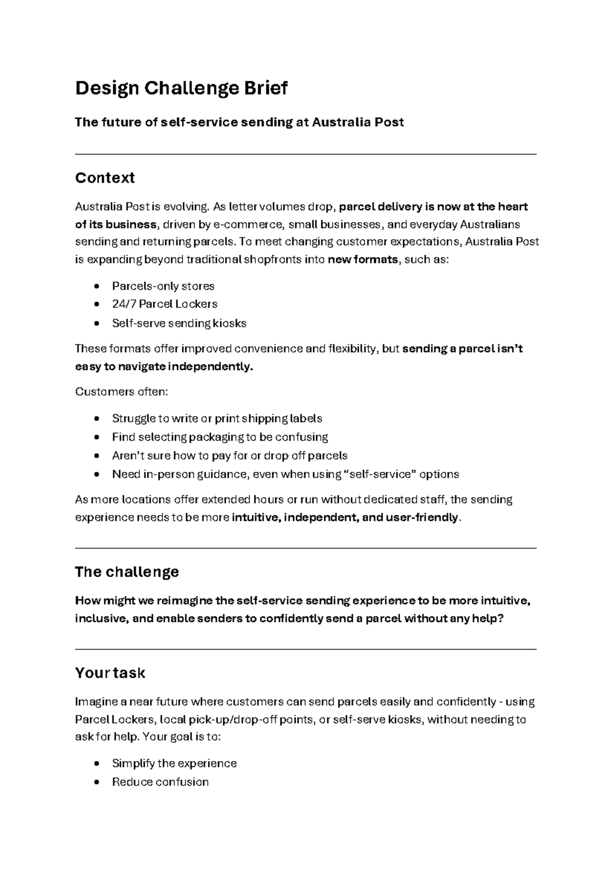 Design Challenge Brief: Future of Self-Service Sending at Australia ...