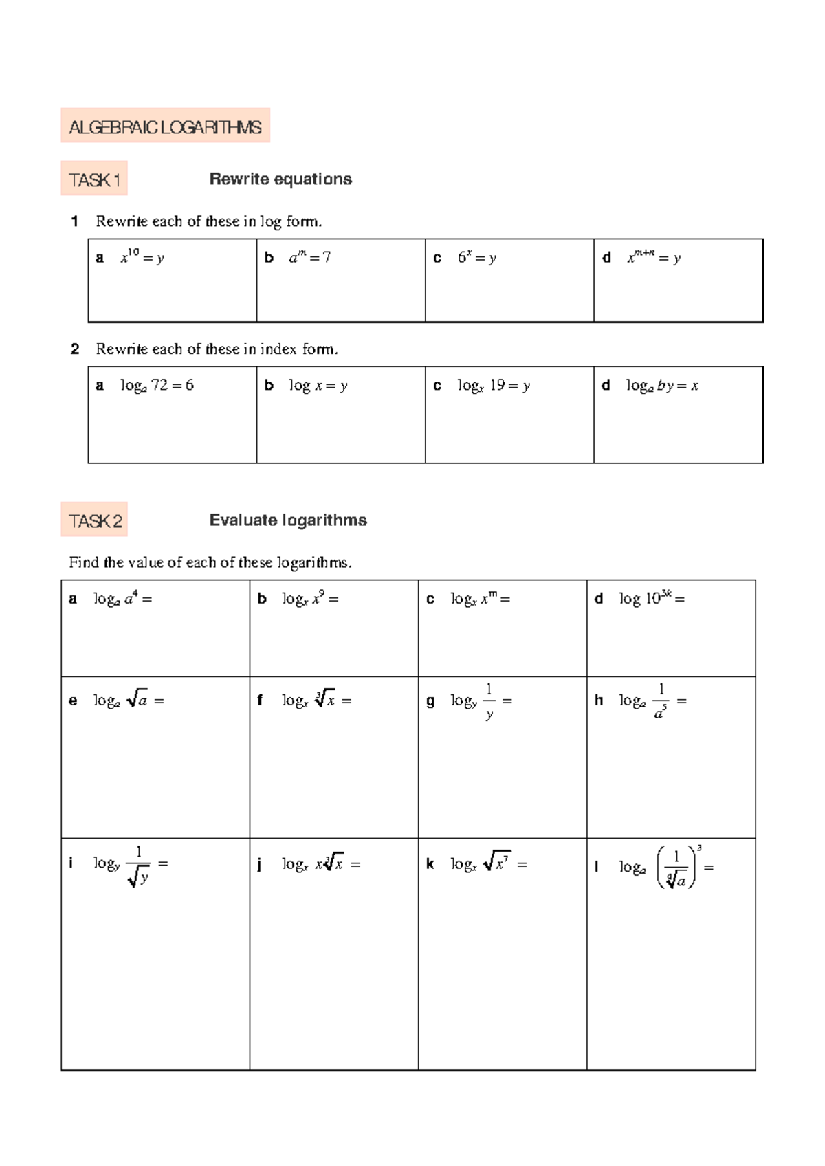 ALGEBRAIC LOGARITHMS TASK 1 & 2: Log Form & Evaluation Notes - Studocu