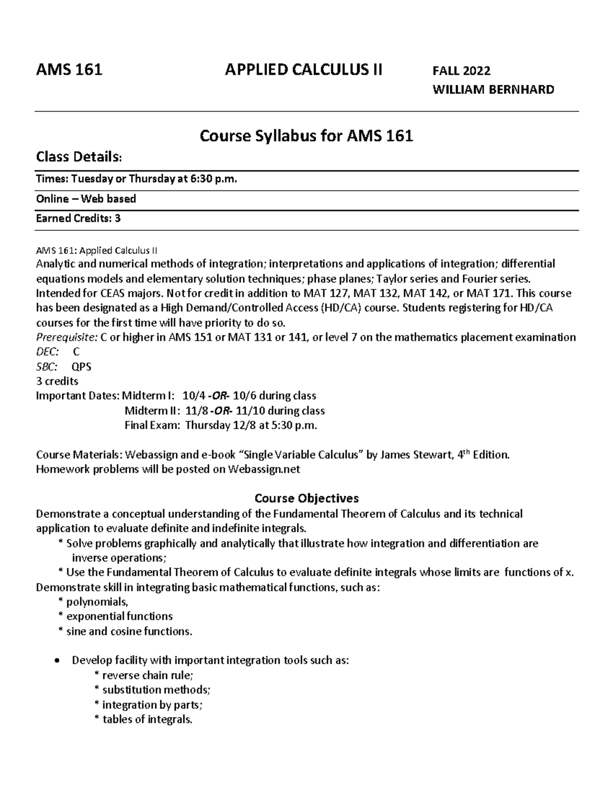 AMS 161 Applied Calculus II Fall 2022 Course Syllabus - Studocu