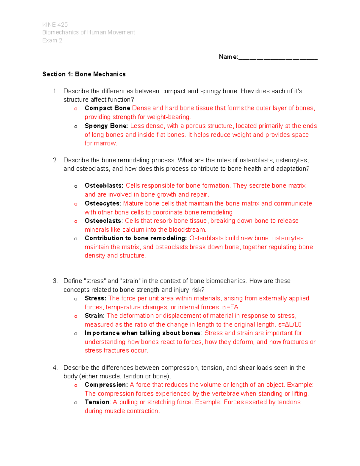 KINE 425 Exam 2: Biomechanics of Human Movement and Load Analysis ...