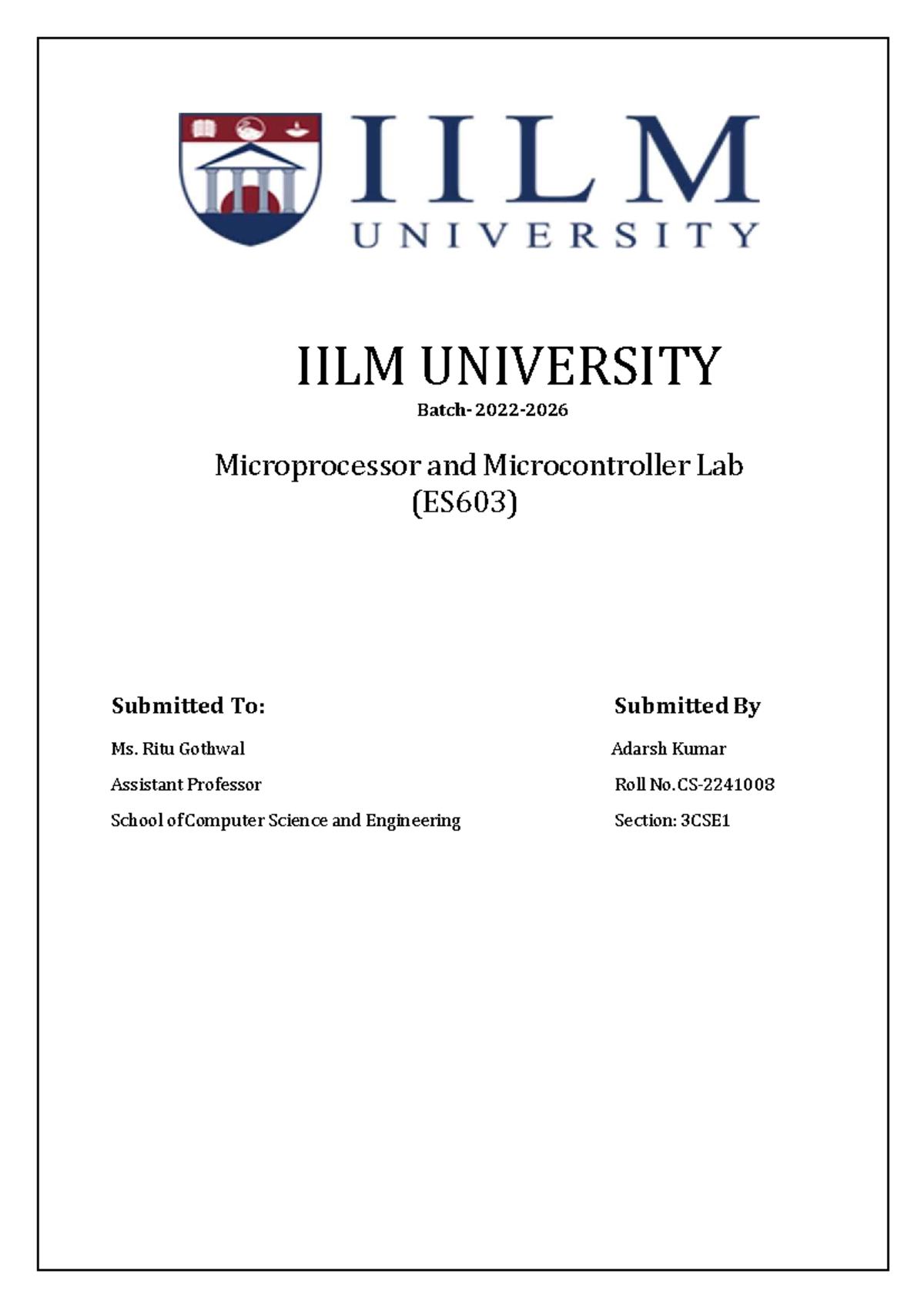 Microprocessor Lab Experiments (ES603) - Adarsh Kumar - Studocu