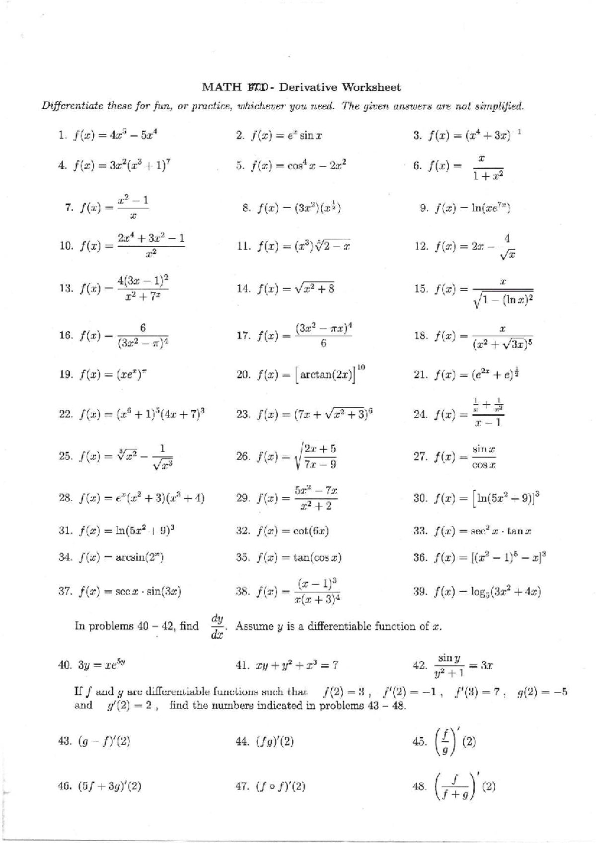 MATH 147010 Derivative Worksheet: Practice Problems and Solutions - Studocu