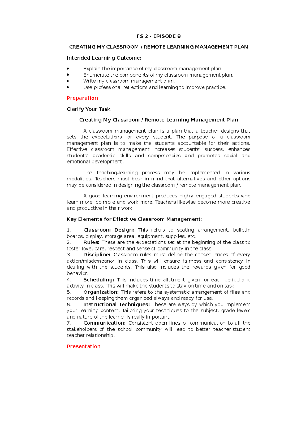 Creating an Effective Classroom Management Plan - FS 2 Episode 8 - Studocu