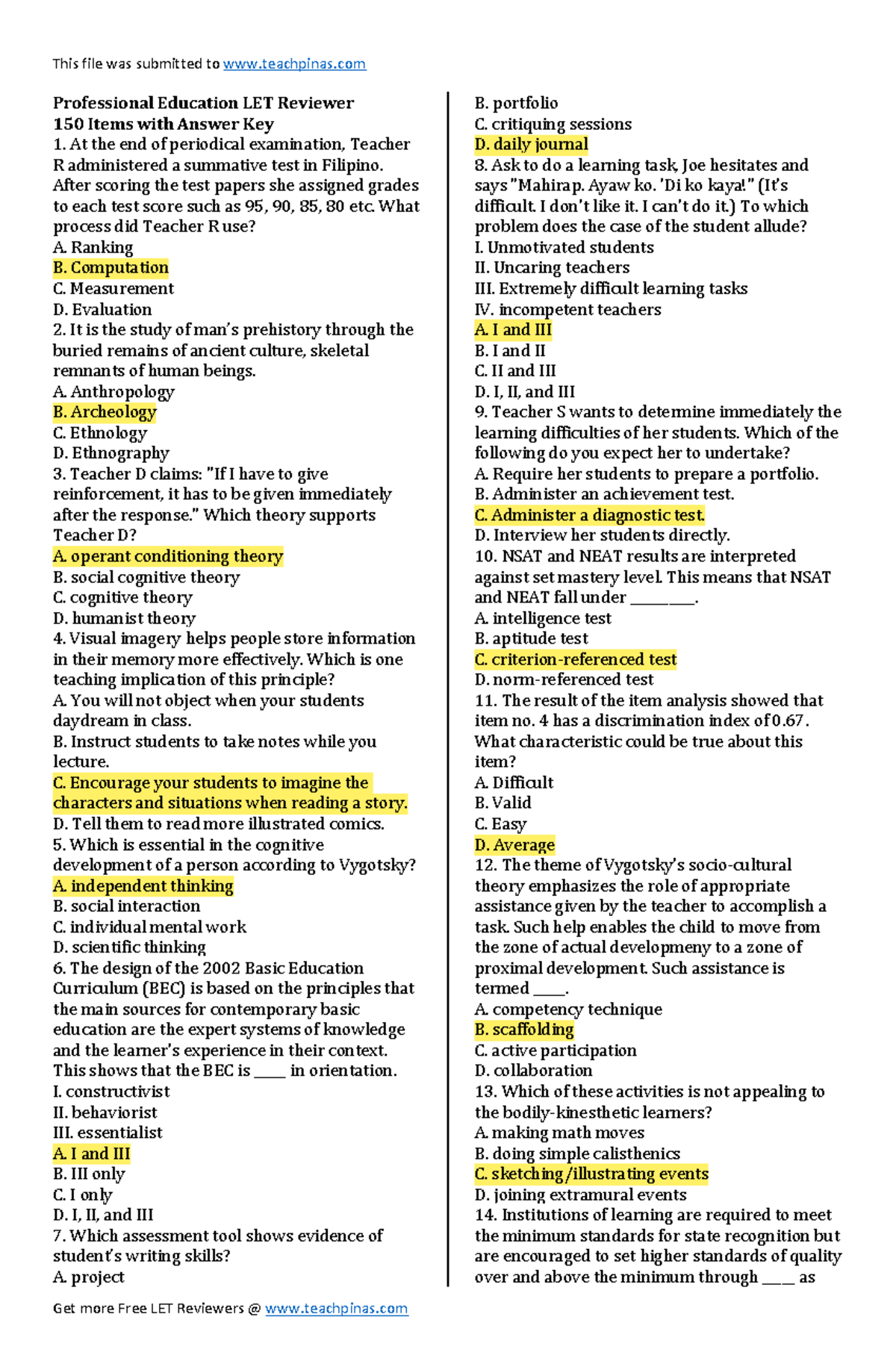 LET Reviewer: 150 Items with Answer Key for Professional Education ...