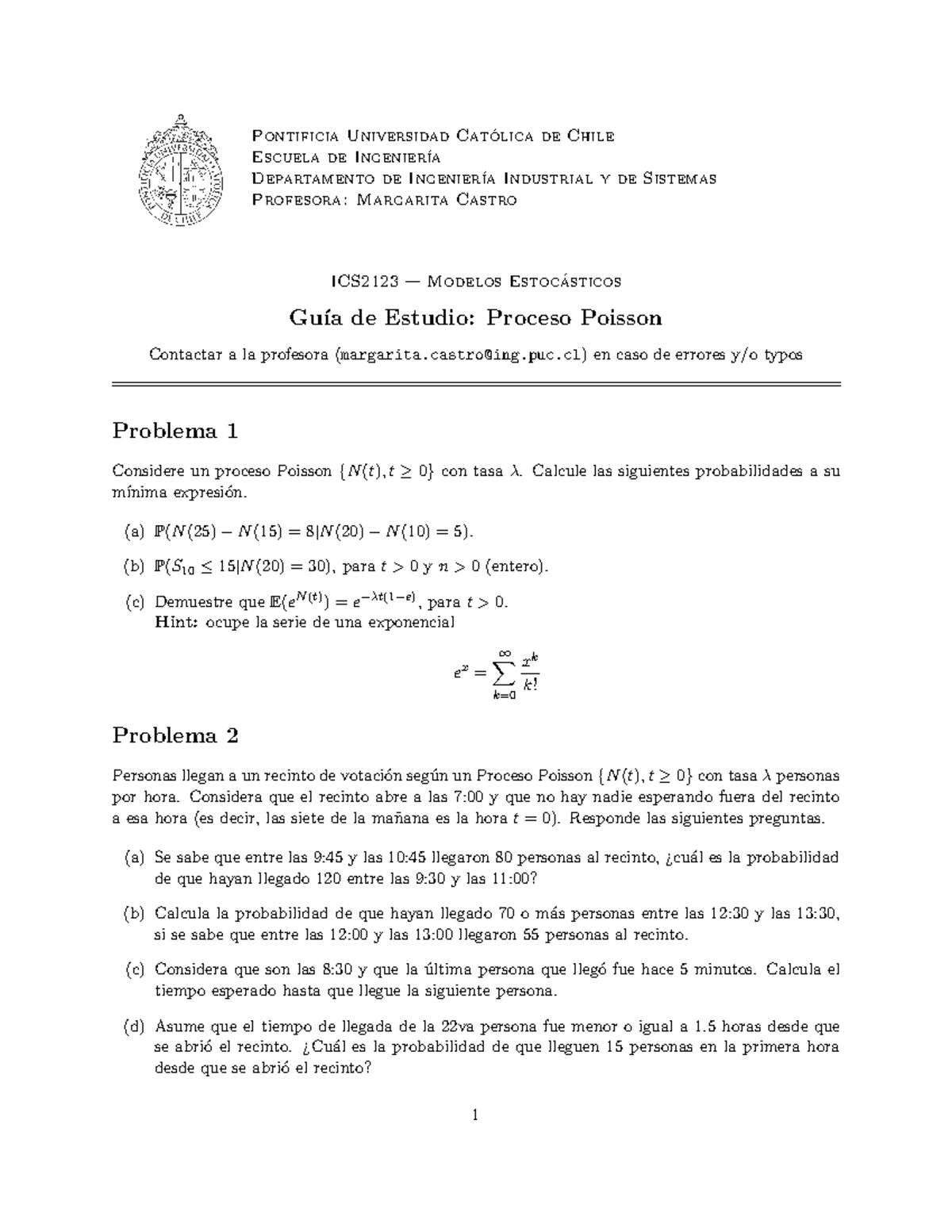 ICS2123 Guía de Estudio - Modelos Estocásticos: Proceso Poisson - Studocu