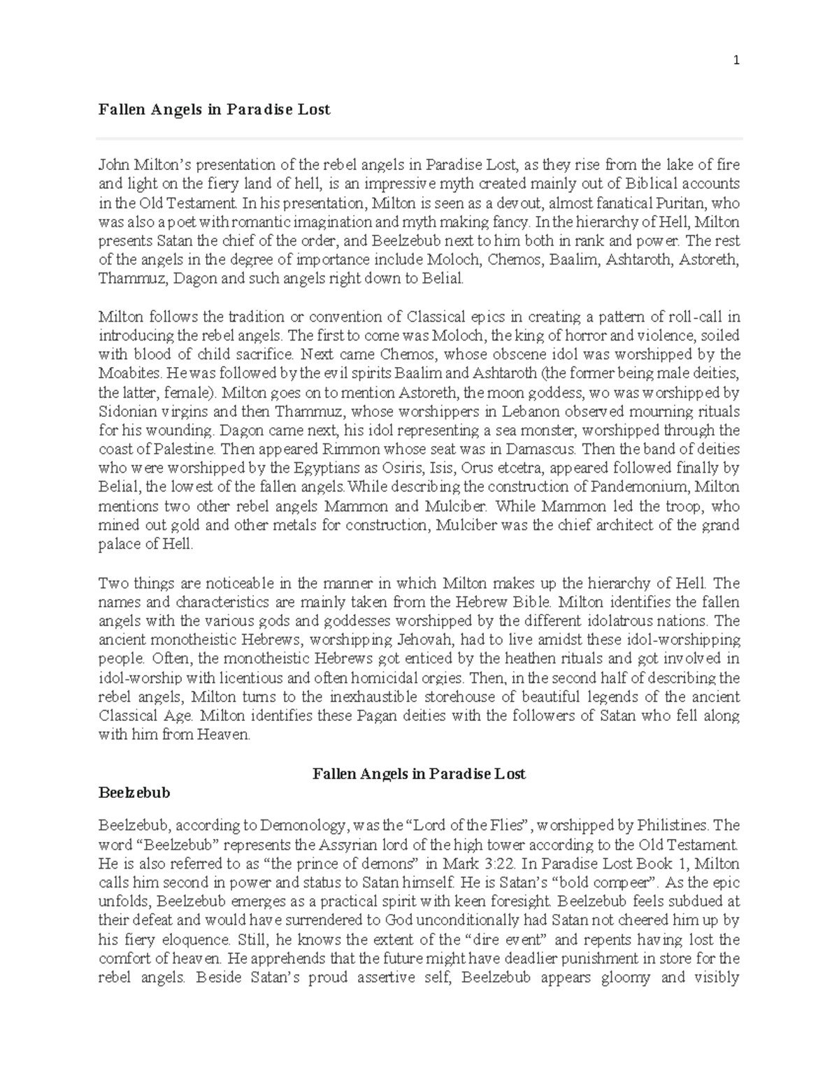 Fallen Angels in Paradise Lost: A Study of Rebel Angels - Studocu