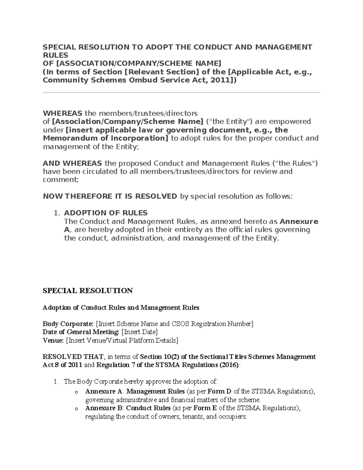 Special Resolution: Adoption of Conduct & Management Rules for [Scheme ...