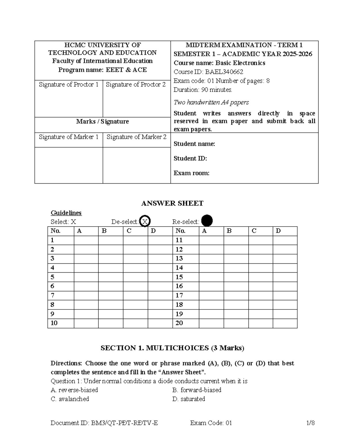 BAEL340662 Midterm Exam - Basic Electronics Term 1 - Studocu