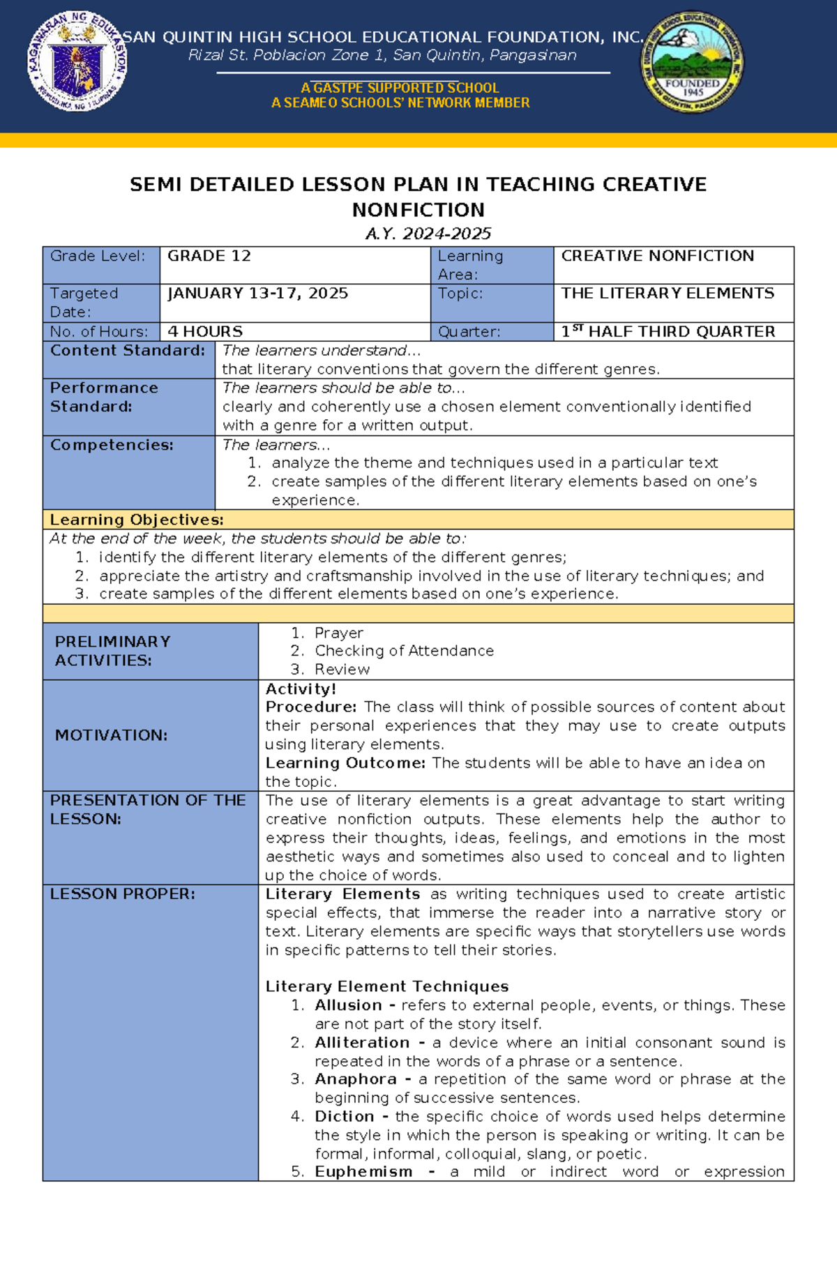 L2 Q3 CNF - Semi-Detailed Lesson Plan for Creative Nonfiction - Studocu