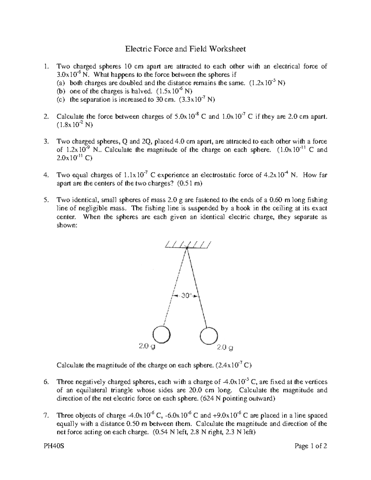 Electric Force and Field Worksheet - PH40S Page 1 of 2 Electric Force ...
