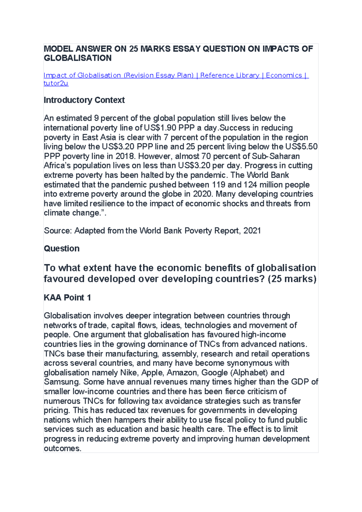 Final Exam Model Answer: Globalisation's Economic Impacts on 25 Marks ...