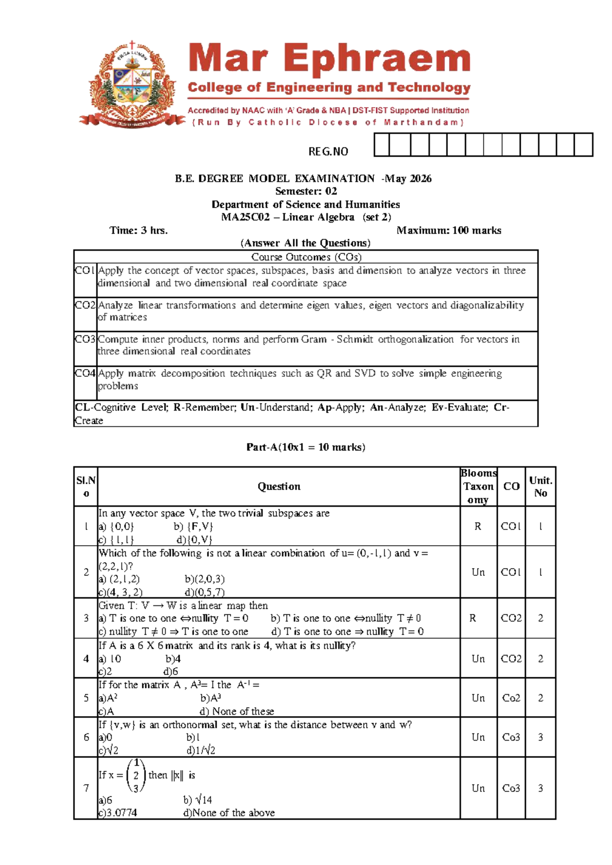Linear Algebra Model Exam MA25C02 - Semester 2 (2026) - Studocu