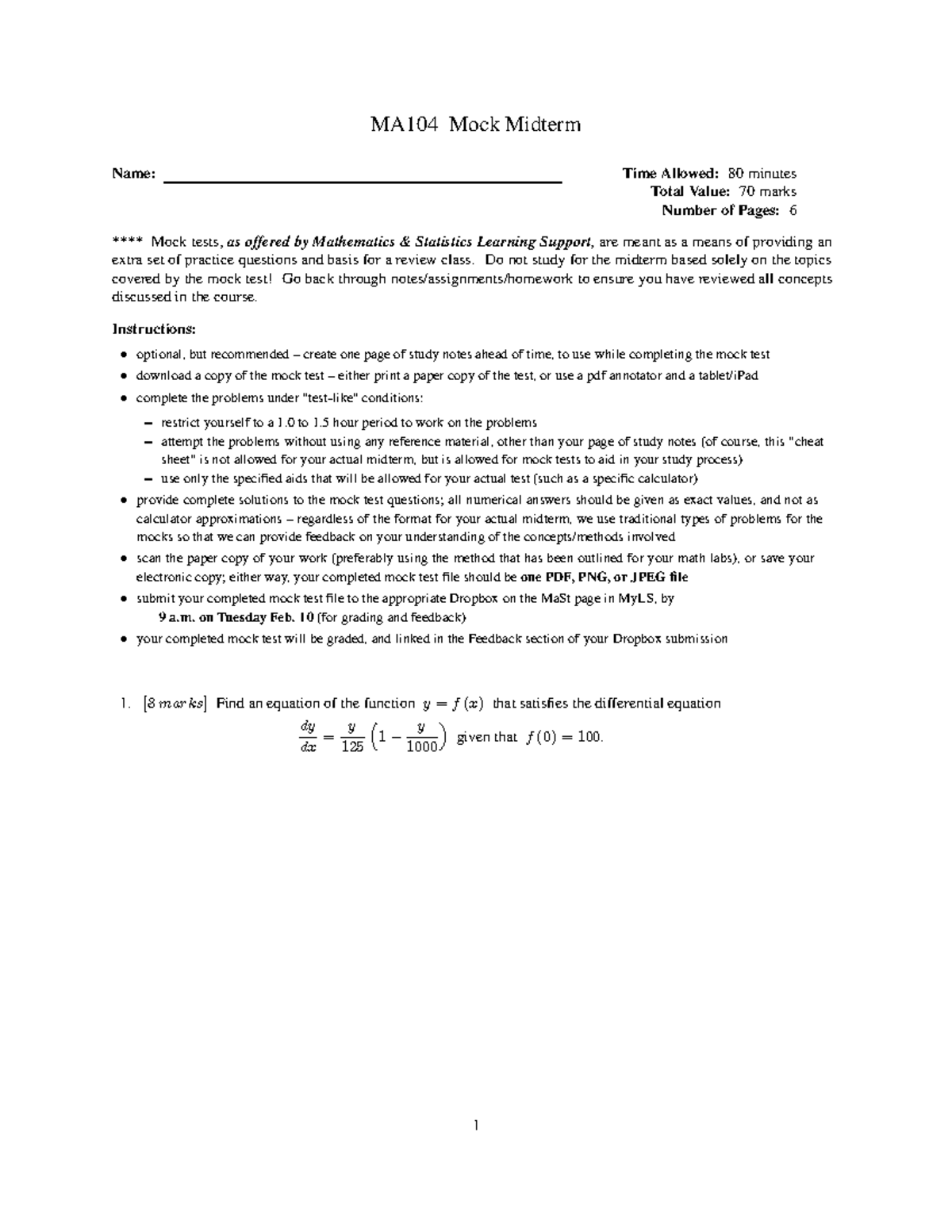 Mock MA104 Midterm Practice Test - W26 - Studocu