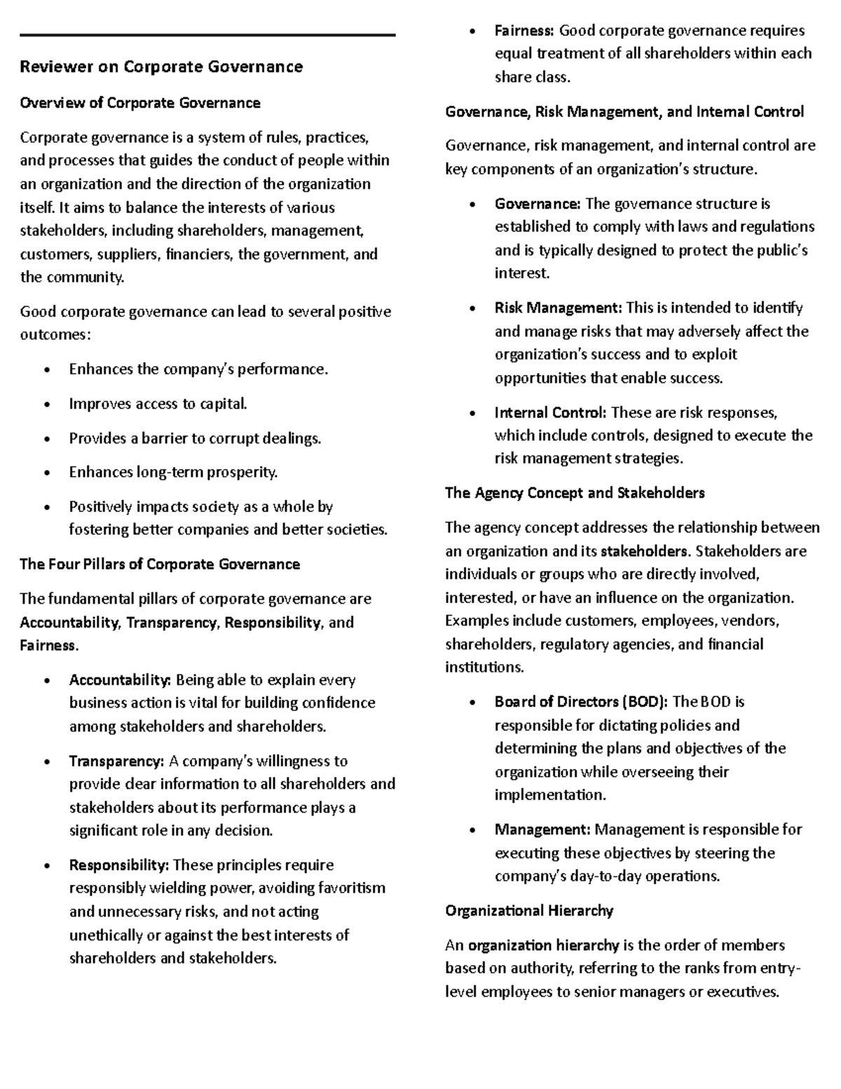 Corporate Governance Notes: Key Concepts and Pillars Explained - Studocu