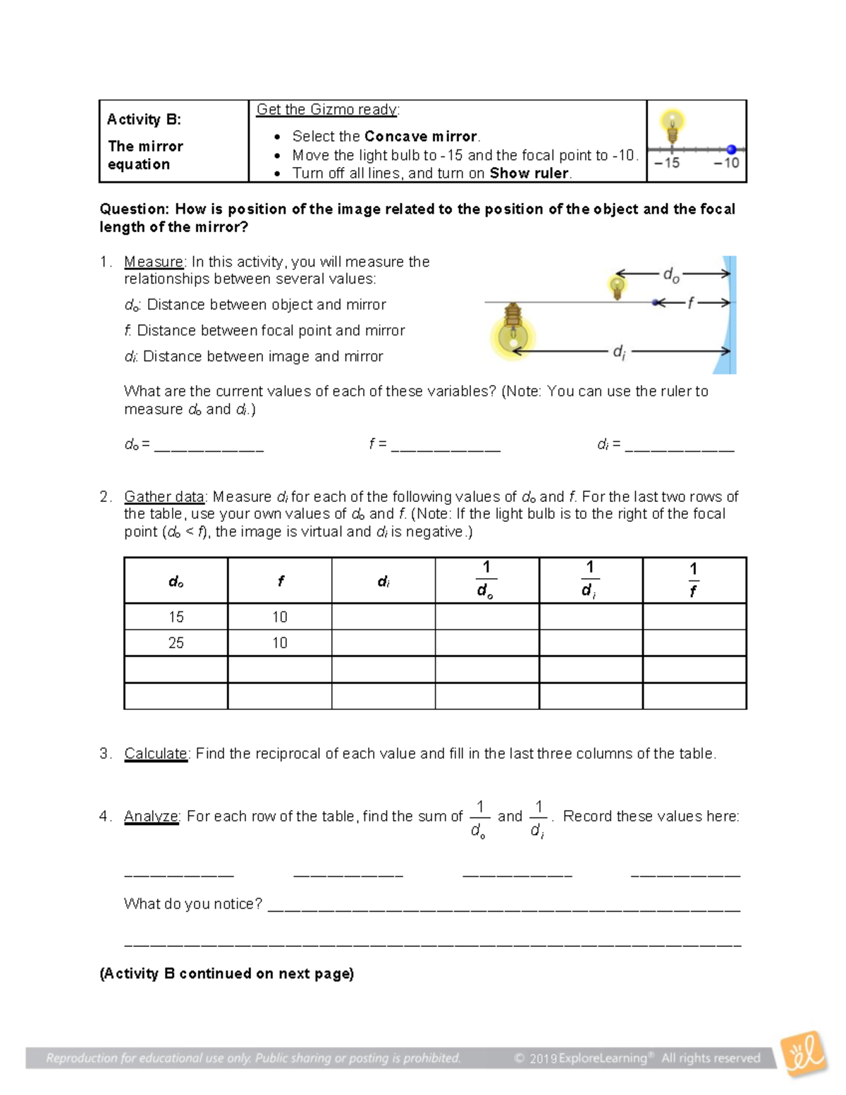 Gizmo Ray Tracing Part 2 - Activity B: The mirror equation Get the ...