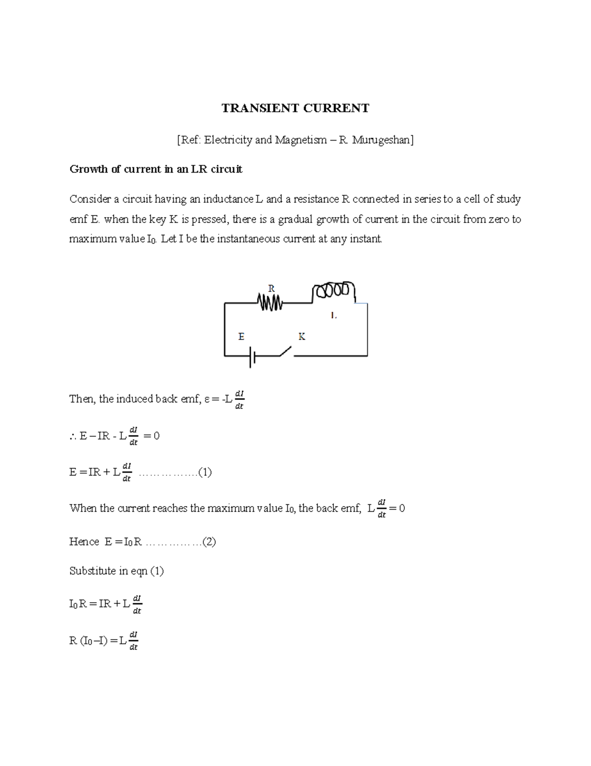 LR Circuit Transient Current - Detailed Notes and Calculations - Studocu