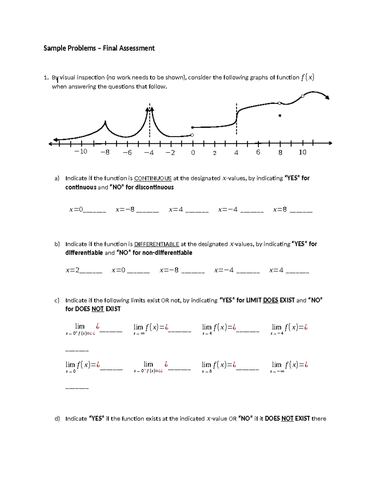 Final Exam - Sample Problems - Part 1 - Sample Problems – Final Assessment By visual inspection ...