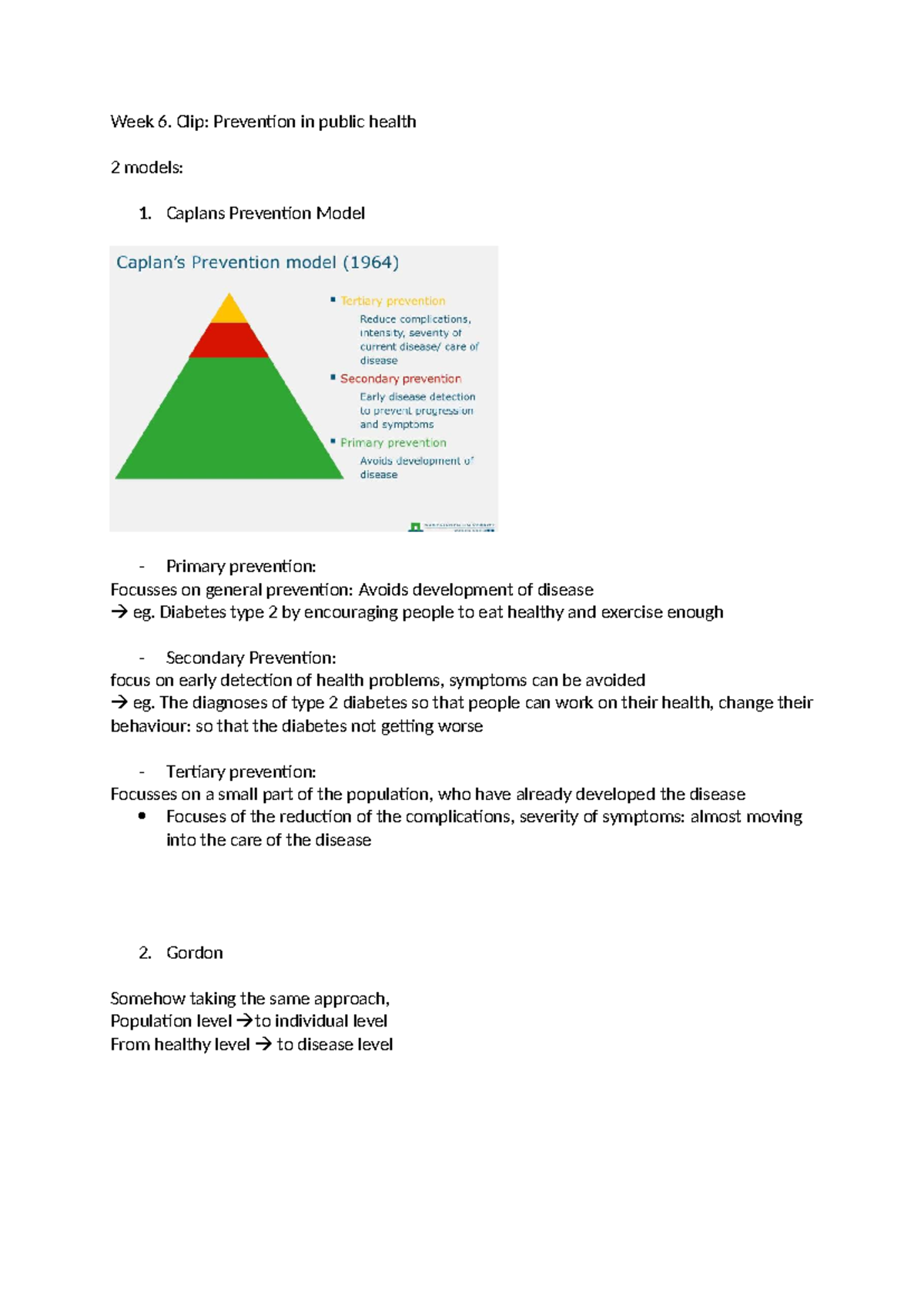 Week 6: Prevention in Public Health - Caplan & Gordon Models - Studeersnel
