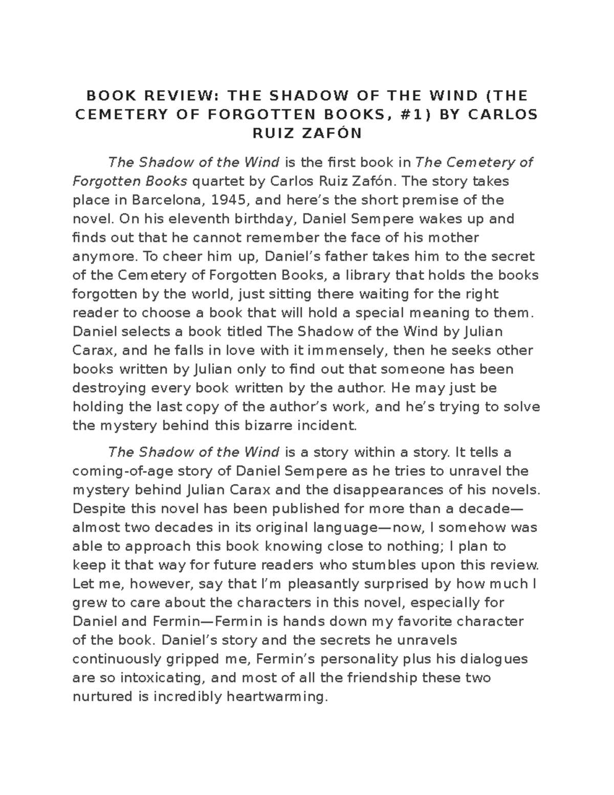 Bookreview - Sample book review - B O O K R E V I E W: T H E S H A D O ...