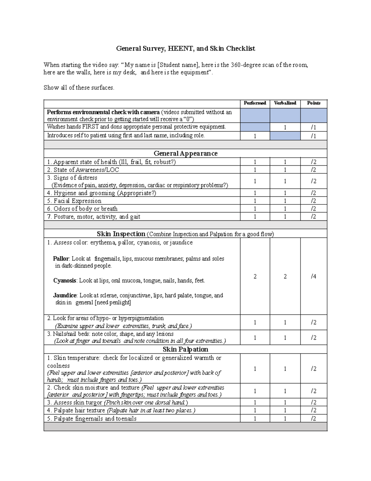 HEENT and Skin Assessment Checklist for Clinical Practice - Studocu
