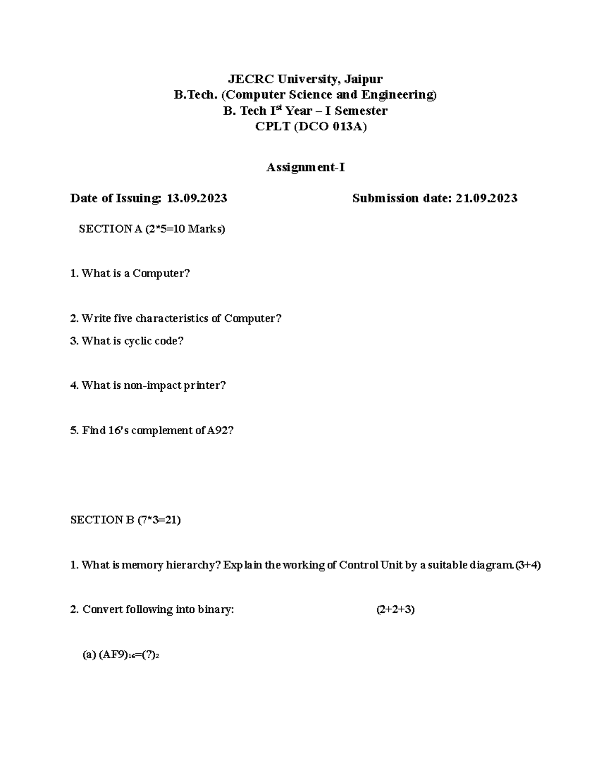 B.Tech 1st Year CPLT (DCO 013A) Assignment 1 - Computer Basics - Studocu