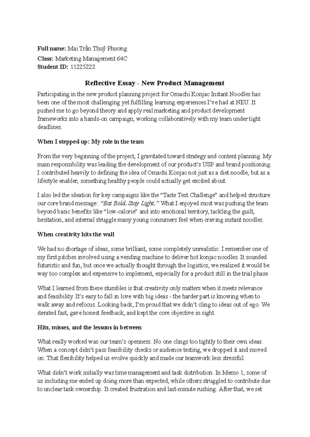 Reflective Essay on New Product Management in Marketing Management 64C ...