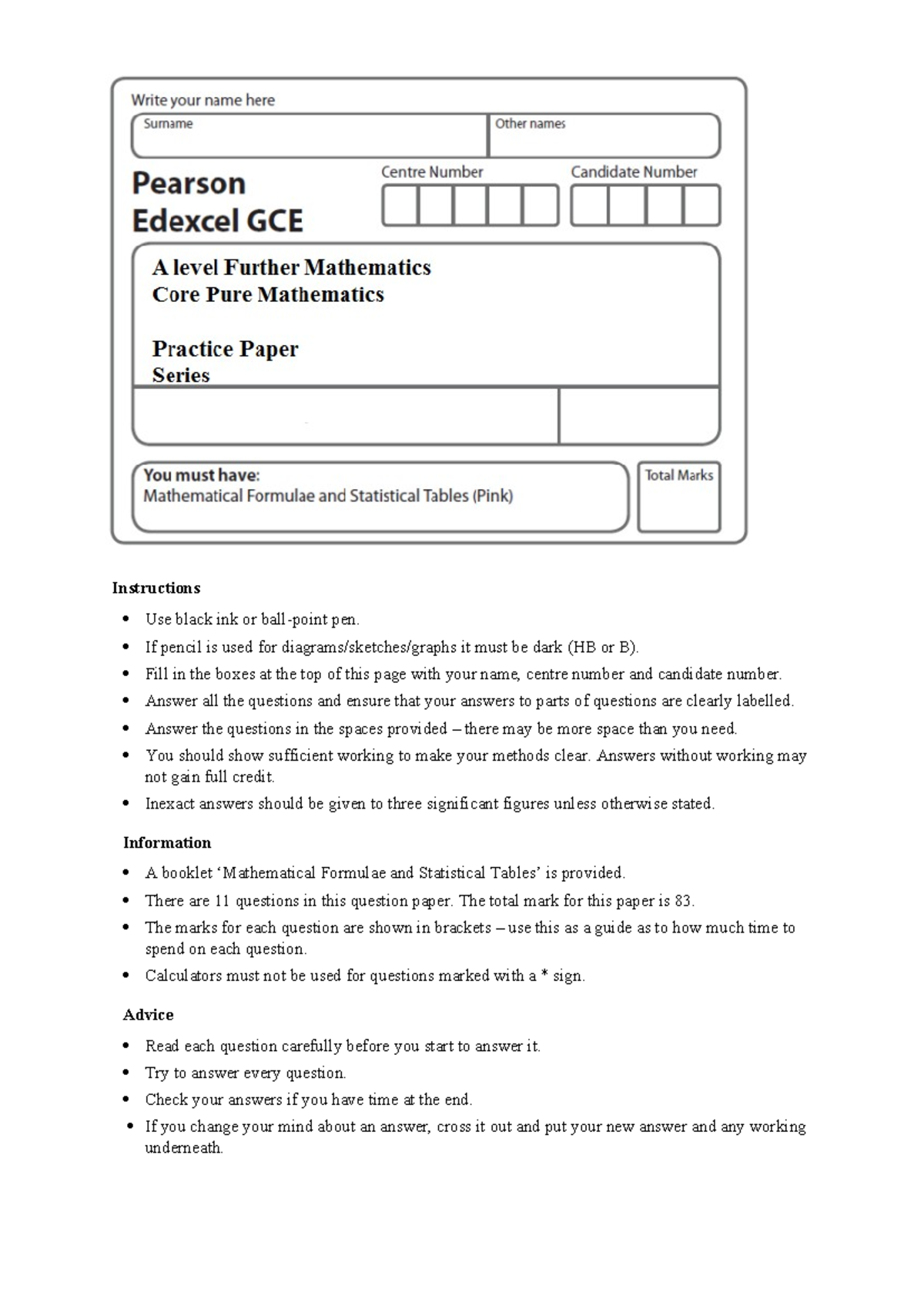 A Level Further Mathematics Practice Paper Instructions and Guidelines ...