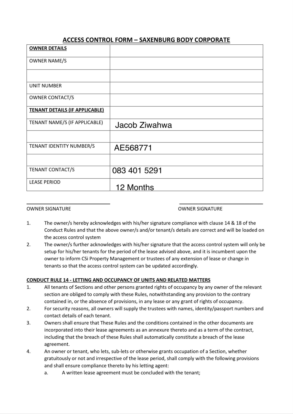 Access Control Form for Saxenburg Body Corporate: Owner & Tenant ...