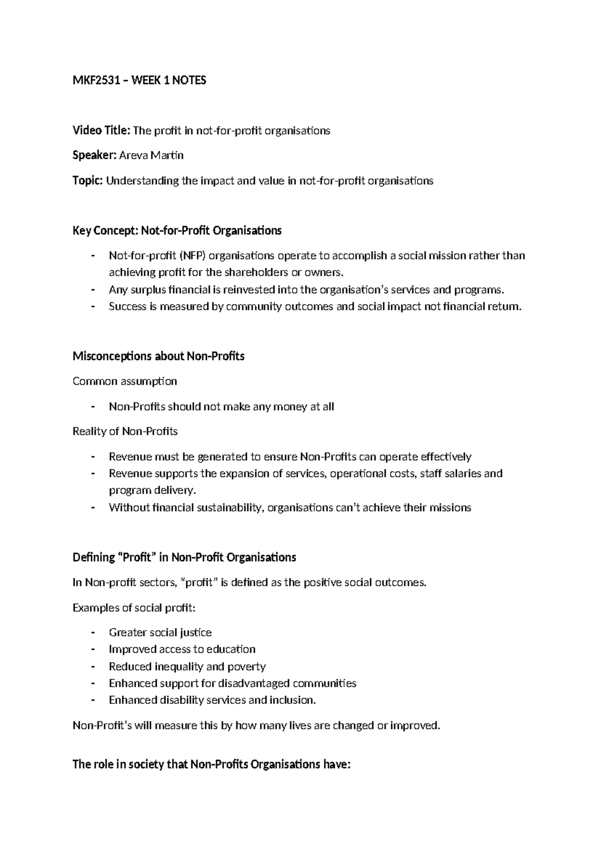 MKF2531 Week 1 Notes: Understanding Value in NFP Organisations - Studocu