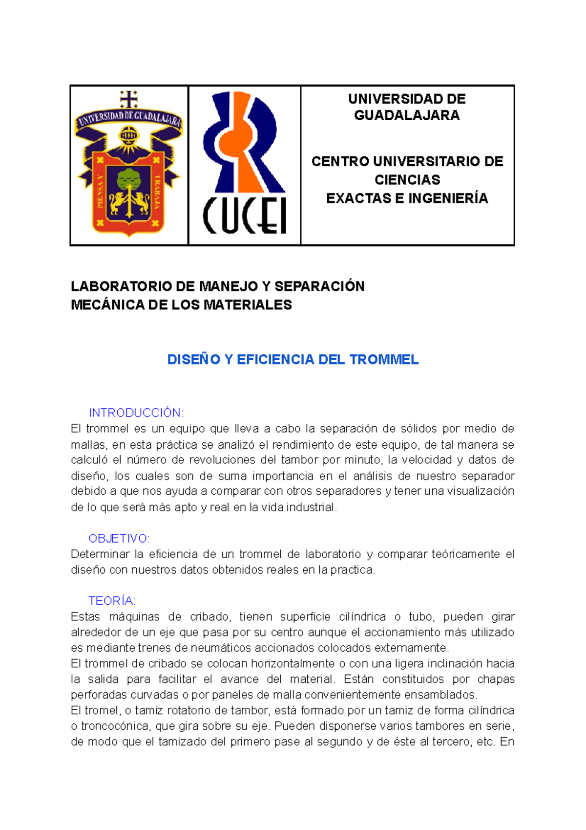 Eficiencia y Diseño del Trommel en Prácticas de Separación - Studocu