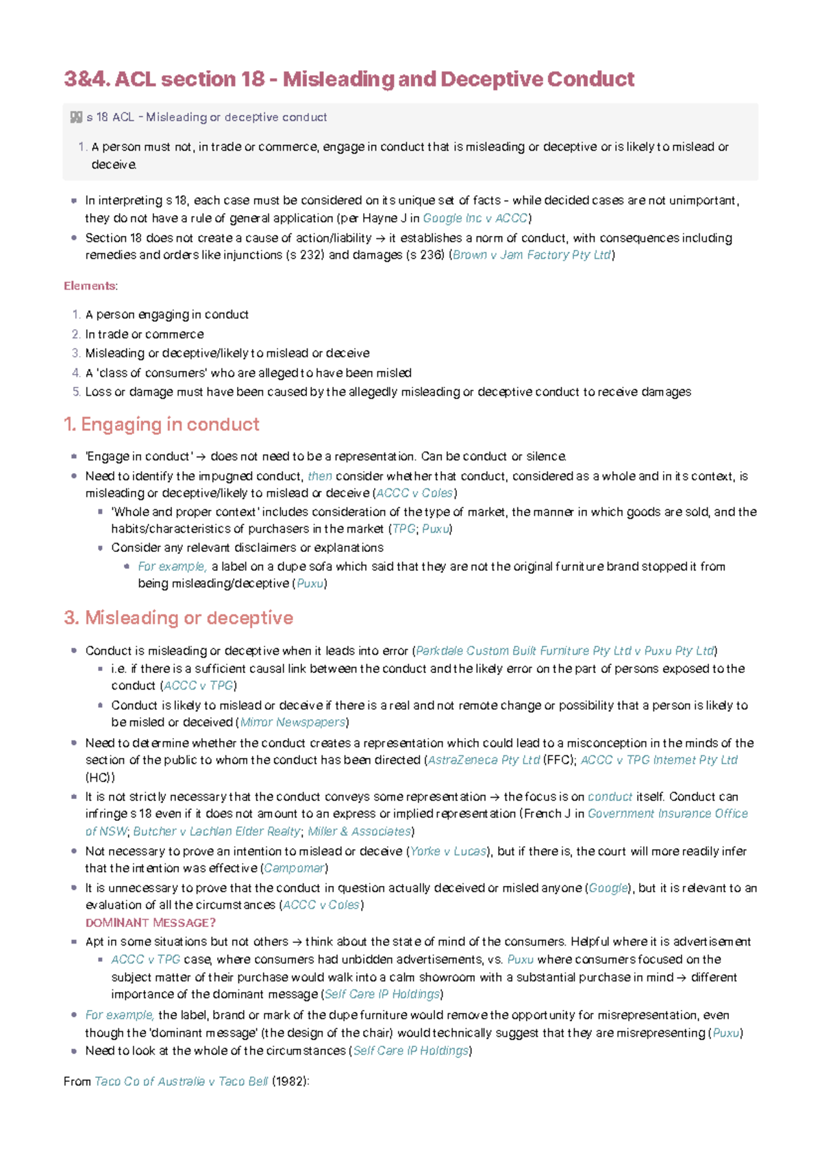 ACL 3&4: Misleading and Deceptive Conduct - Section 18 Analysis - Studocu