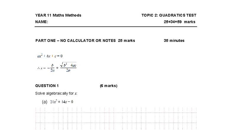 YEAR 11 Maths Methods TOPIC 2: QUADRATICS TEST - 60 Min Exam - Studocu