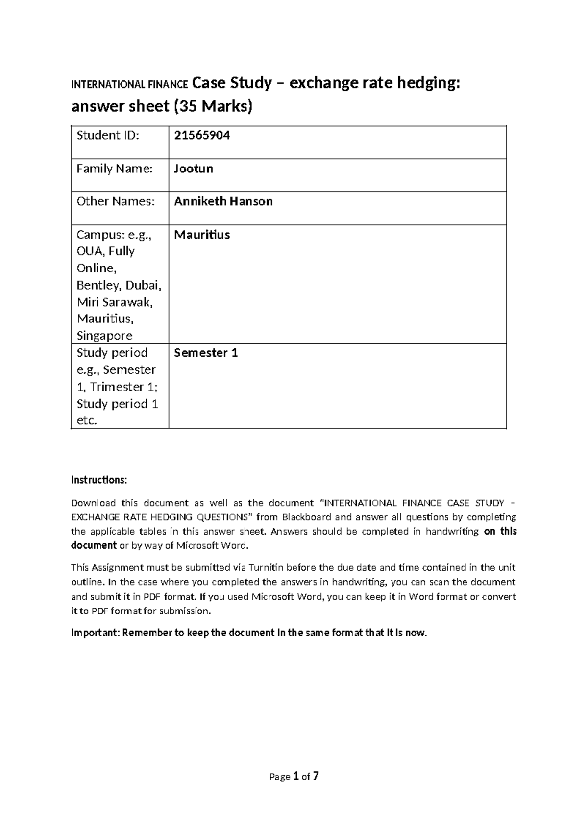 IF Case Study: Exchange Rate Hedging Answer Sheet (35 Marks) - Studocu