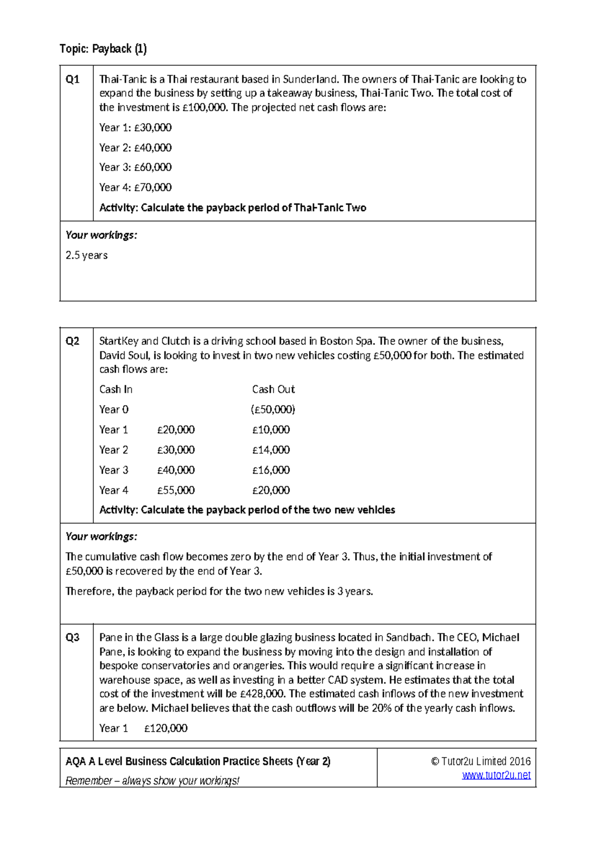AQA A Level Business Payback Period Calculation Practice (Year 2) - Studocu