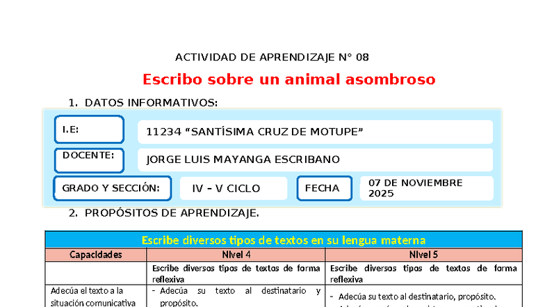 ACTIVIDAD DE APRENDIZAJE 08: Descripción de un Animal - IV V CICLO ...