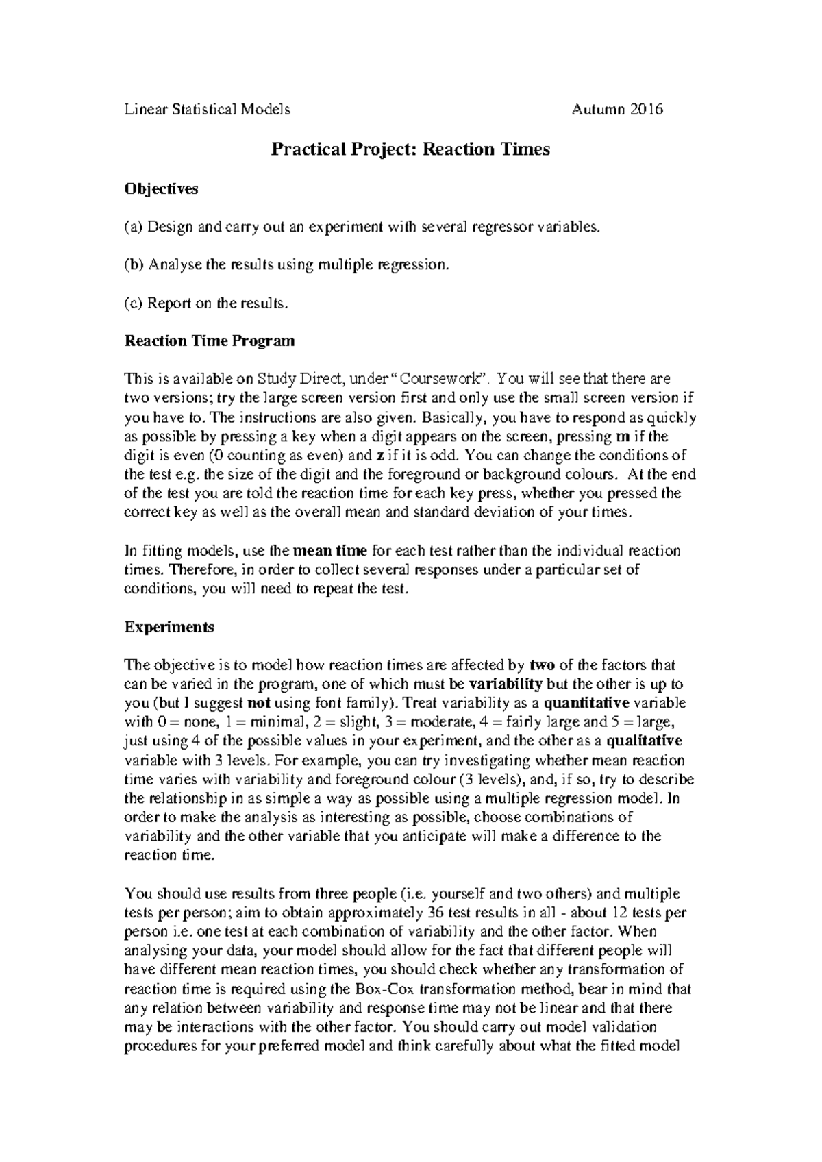 PROJ16 - Linear Statistical Models Autumn 2016 Practical Project ...