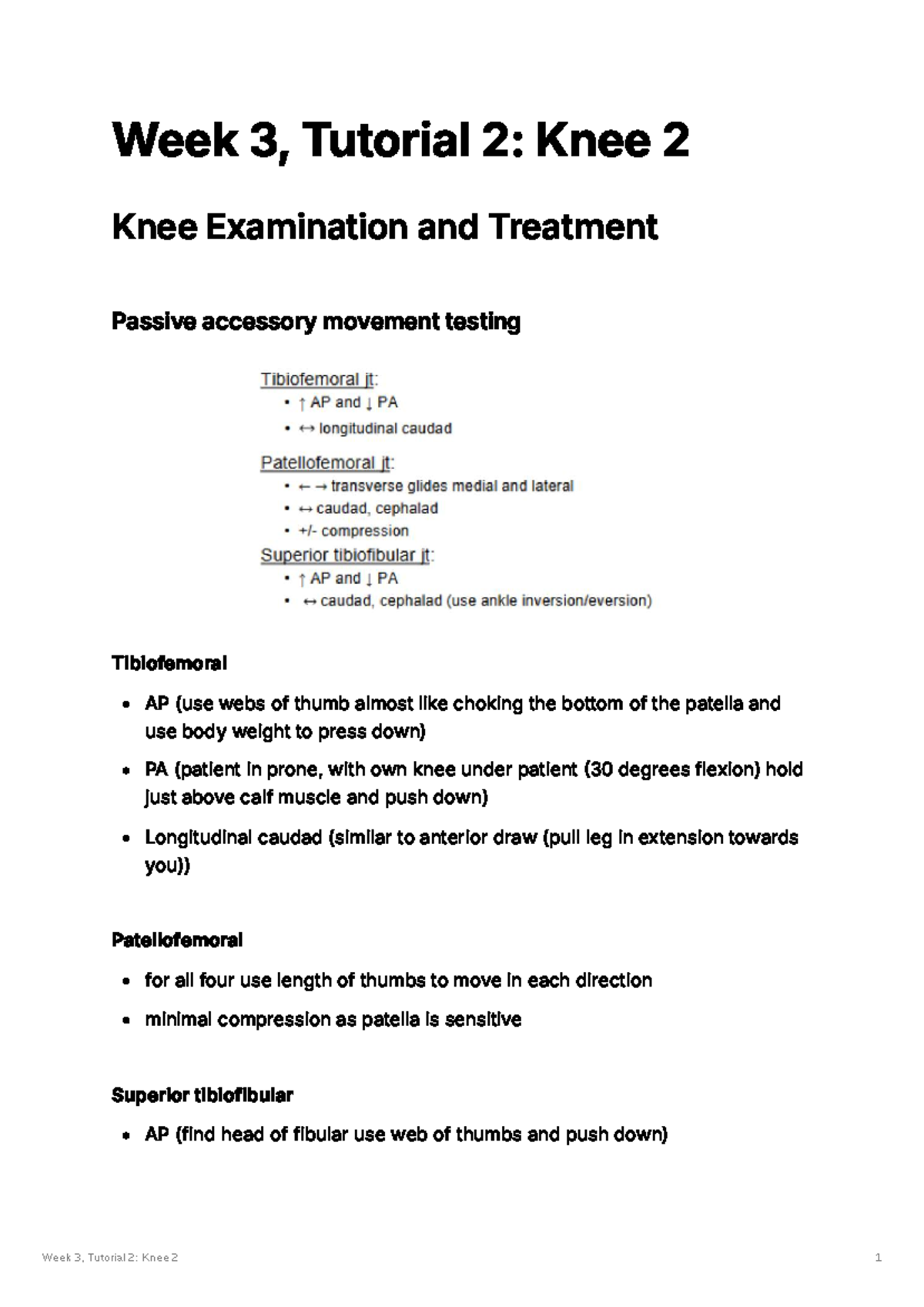 Week 3, Tutorial 2: Knee 2 Examination & Treatment Techniques - Studocu