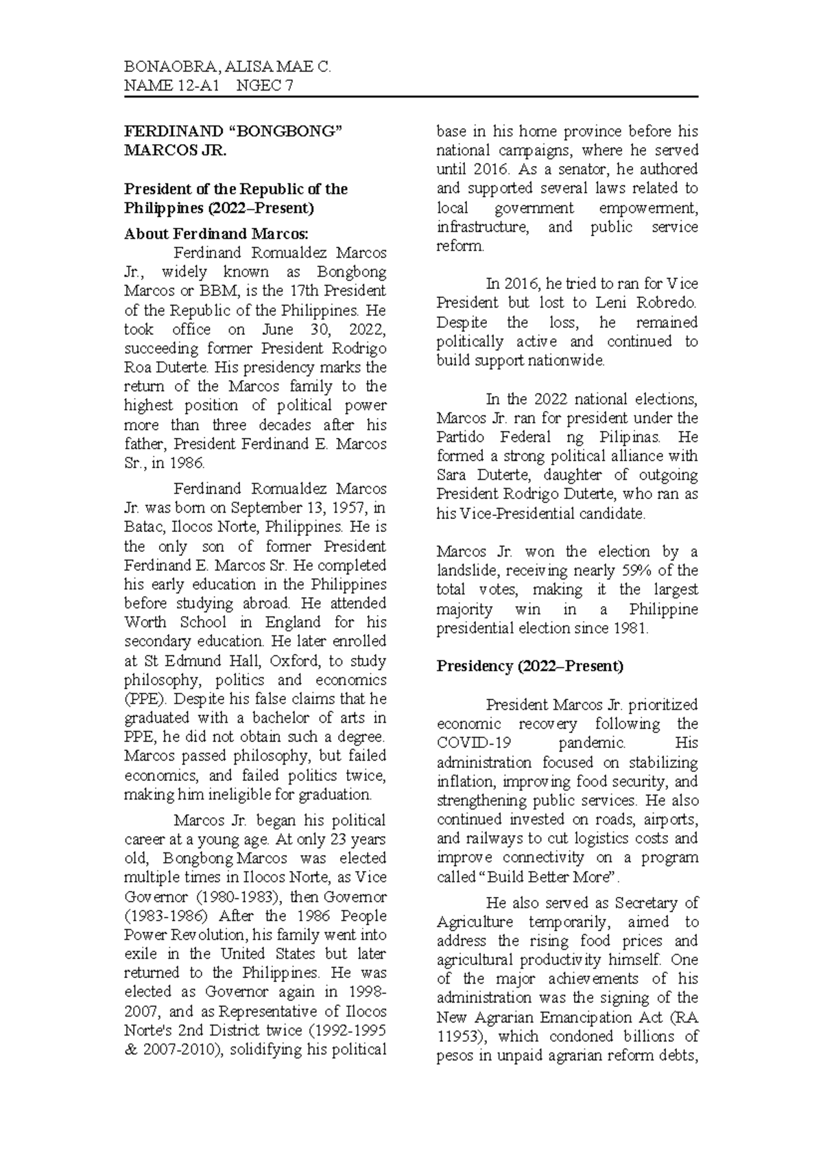 NGEC 7 - Key Facts About President Ferdinand Marcos Jr. - Studocu