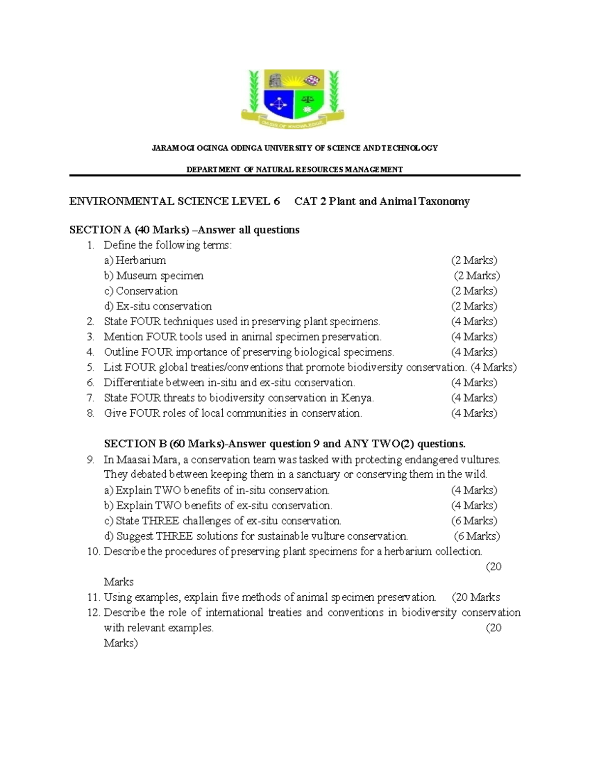 CAT 2 Plant and Animal Taxonomy - Environmental Science Level 6 - Studocu