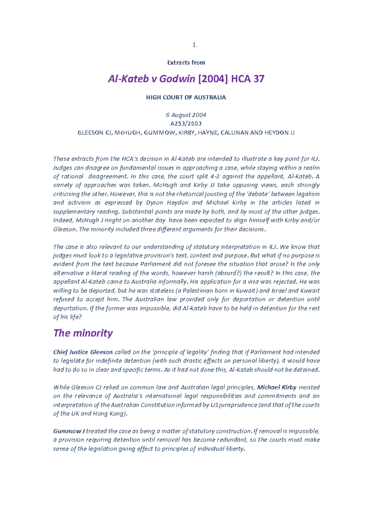 Al-Kateb v Godwin [2004] HCA 37: Case Analysis & Key Extracts for ILJ ...