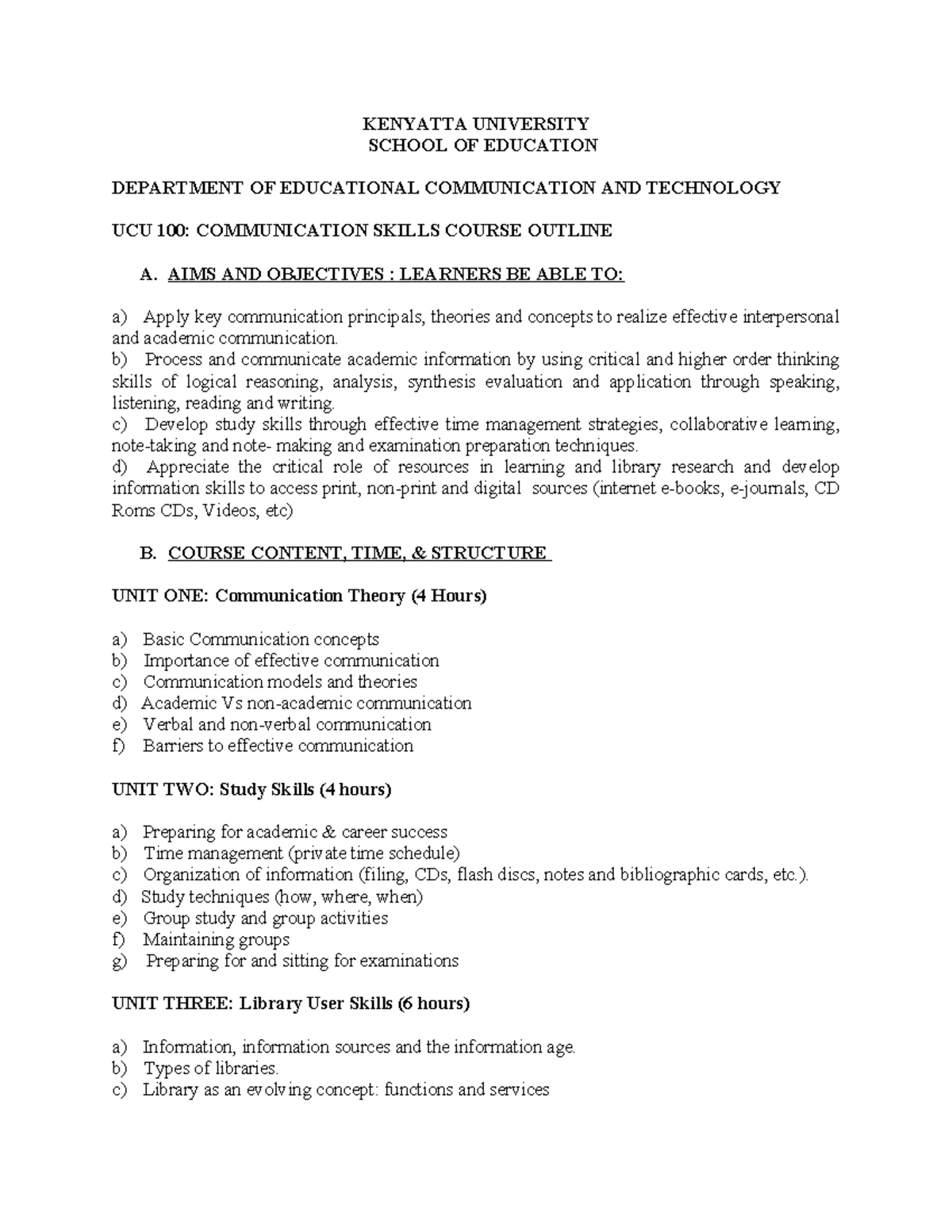 UCU 100: Revised Communication Skills Course Outline and Objectives ...