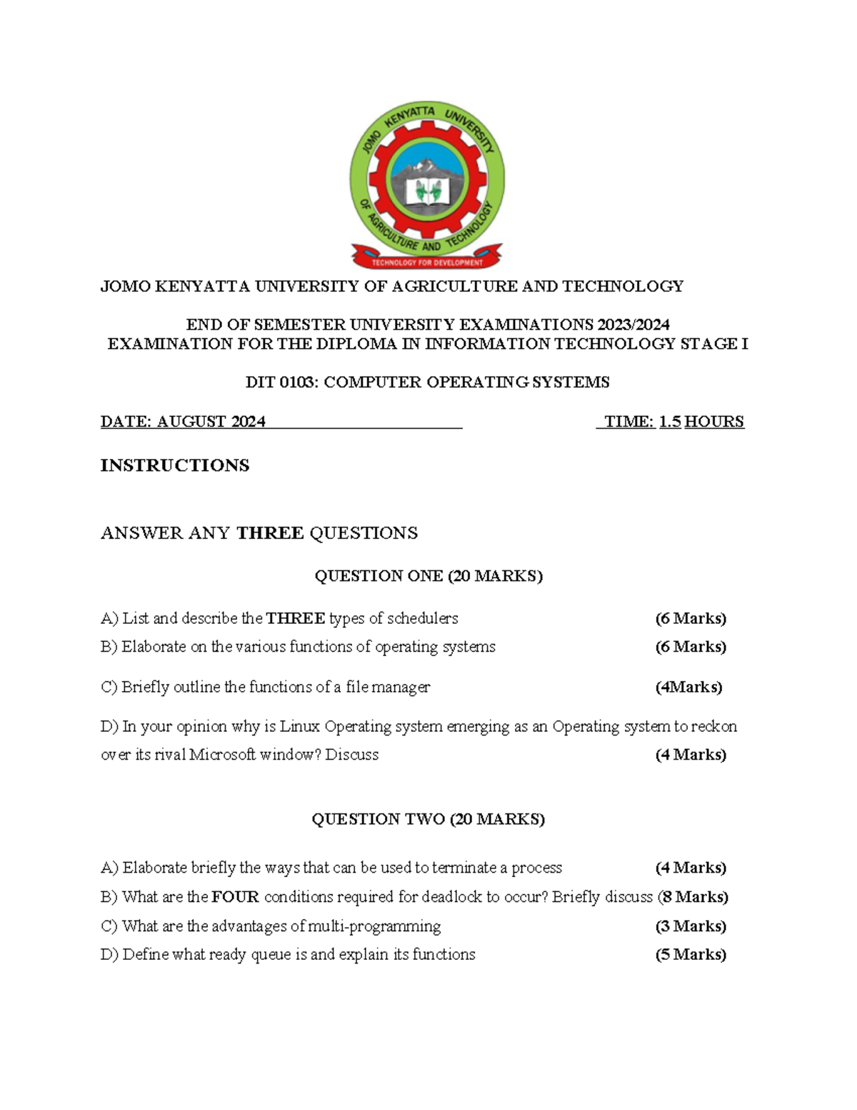 DIT 0103: Computer Operating Systems End of Semester Exam - Studocu