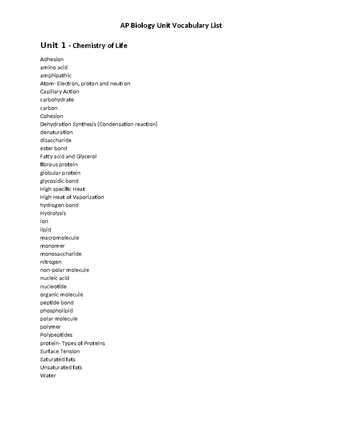 AP Biology (AP Bio) Unit 1-2 Vocabulary List for Chemistry of Life ...