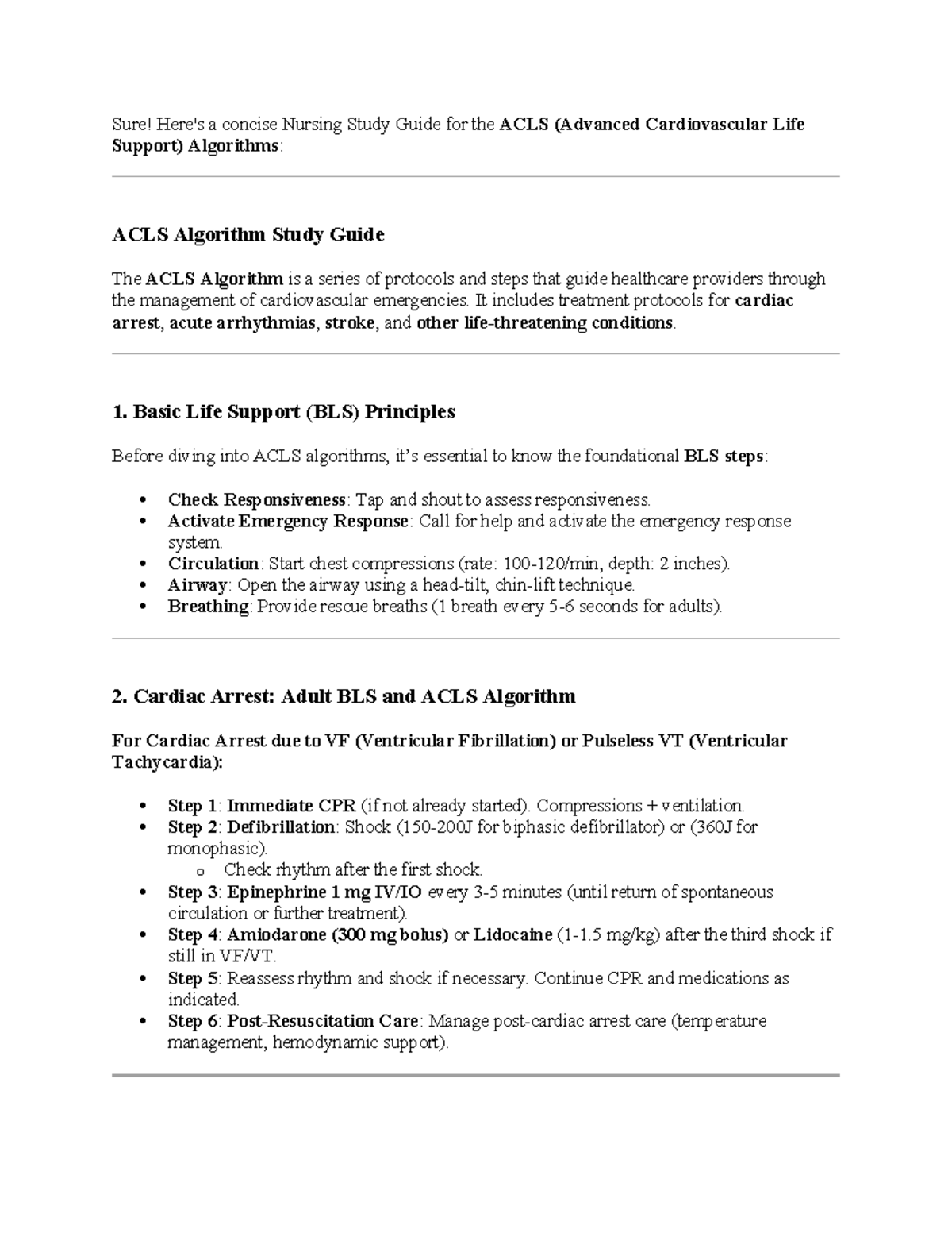ACLS ALGO Practice - Sure! Here's a concise Nursing Study Guide for the ...