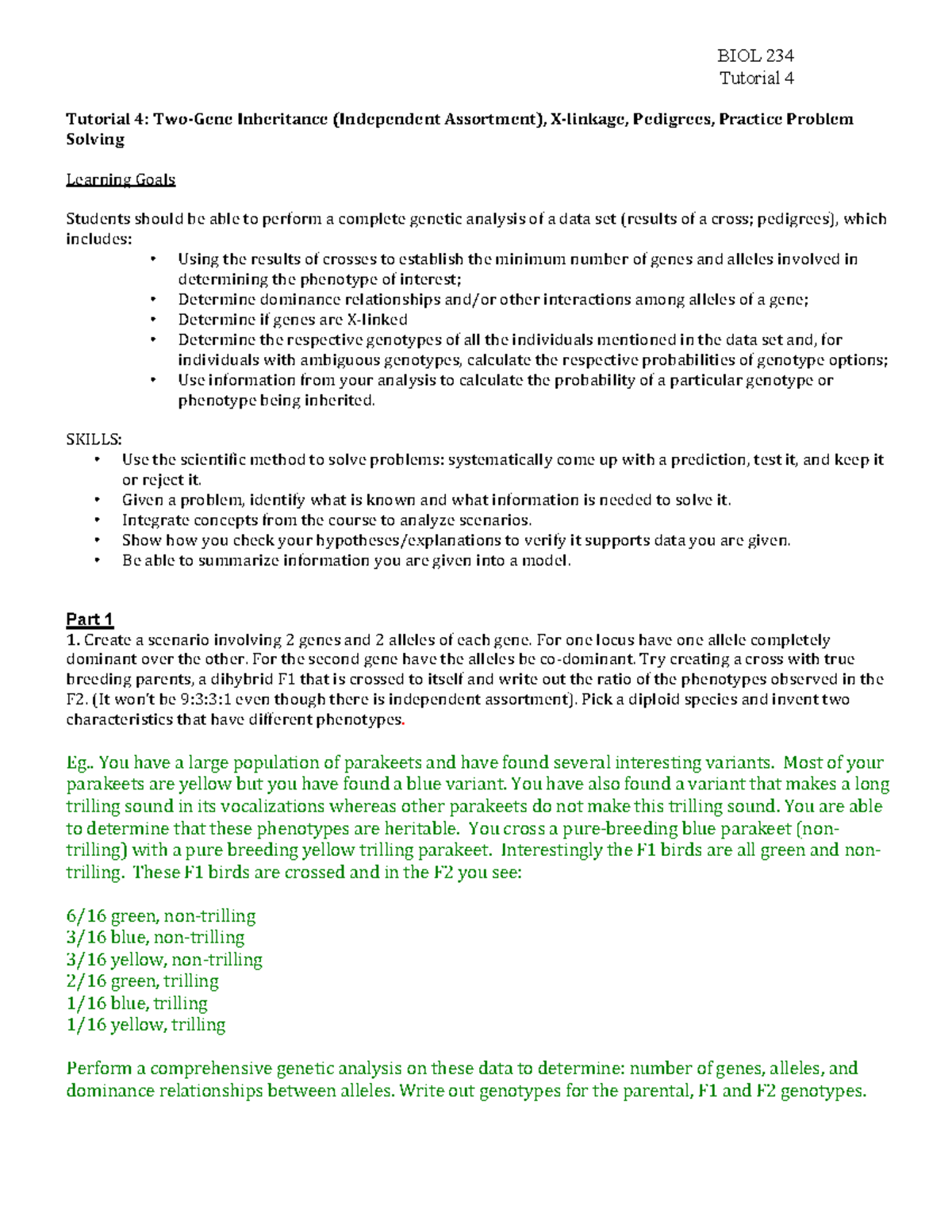 BIOL 234 Tutorial 4: Inheritance Analysis, Pedigrees & Problem Solving ...